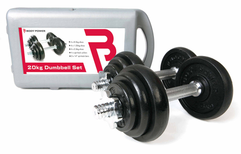 Body Power 20kg Cast Iron Spinlock Dumbbell Weight Set (with case)