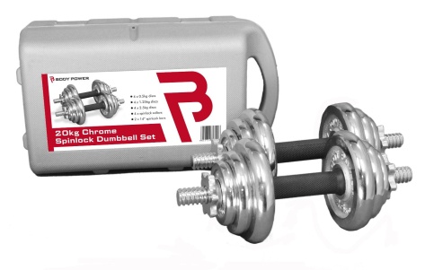 Body Power 20kg Chrome Spinlock Dumbbell Weight Set (With Case)